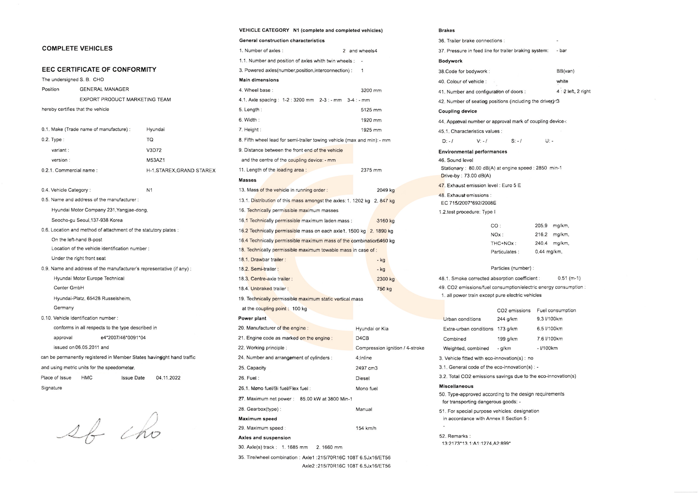 Certificat de conformité (COC) Hyundai